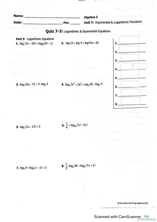 Quiz 7.3 - Logarithmic and exponential equations. Interactive worksheet ...