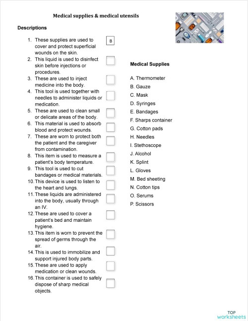 Medical Supplies & medical utensils. Interactive worksheet | TopWorksheets