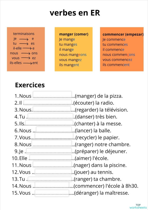 verbes en er-ger-cer (présent). Fiche interactive | TopWorksheets