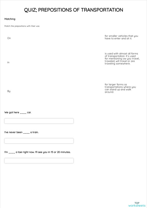QUIZ; PREPOSITIONS OF TRANSPORTATION. Interactive worksheet | TopWorksheets