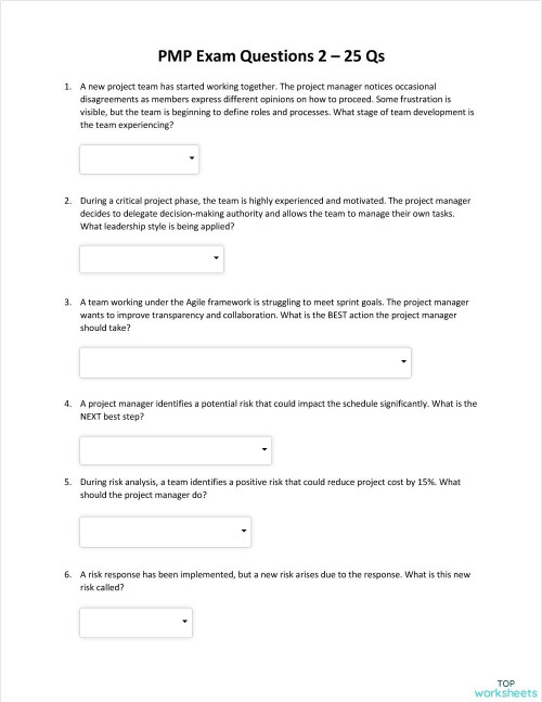 PMP Exam Questions 2 - 25 Qs ใบงานเชิงโต้ตอบ | TopWorksheets