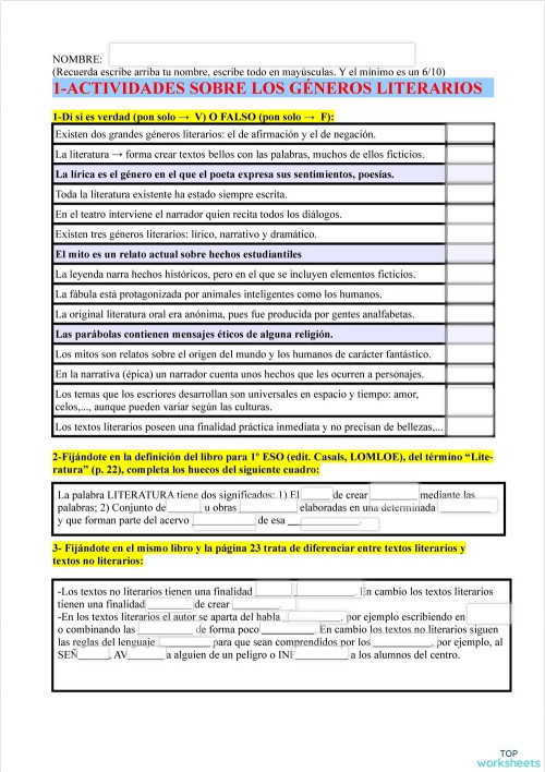 ACTIVIDADES SOBRE EL LENGUAJE LITERARIO Y SUS GÉNEROS. Ficha ...