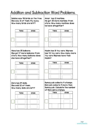 Addition And Subtraction Word Problems. Interactive Worksheet