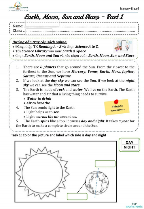 Science 1 - Earth Moon Sun and Stars P1. Interactive worksheet ...