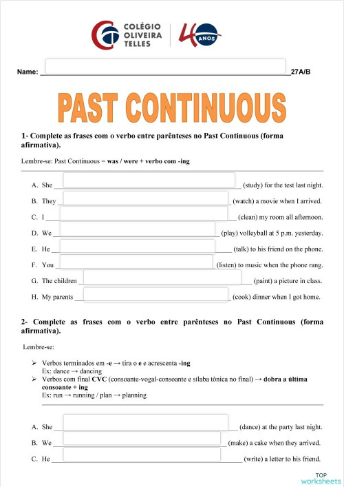 Past Continuous. Ficha interativa | TopWorksheets