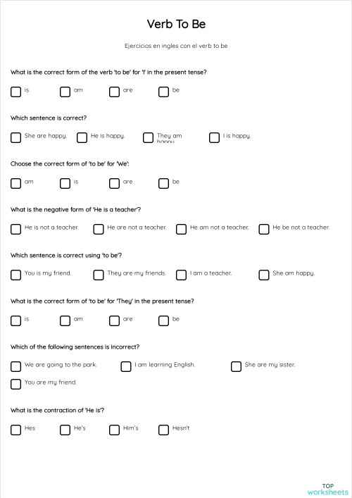 Verb To Be. Interactive worksheet | TopWorksheets