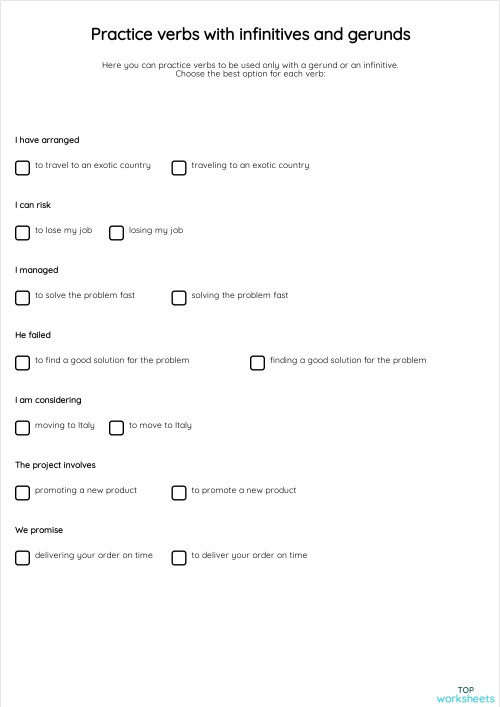 Practice verbs with infinitives and gerunds. Interactive worksheet ...