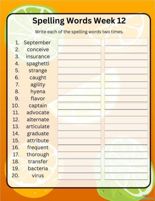 Spelling Words 12.1. Interactive worksheet | TopWorksheets