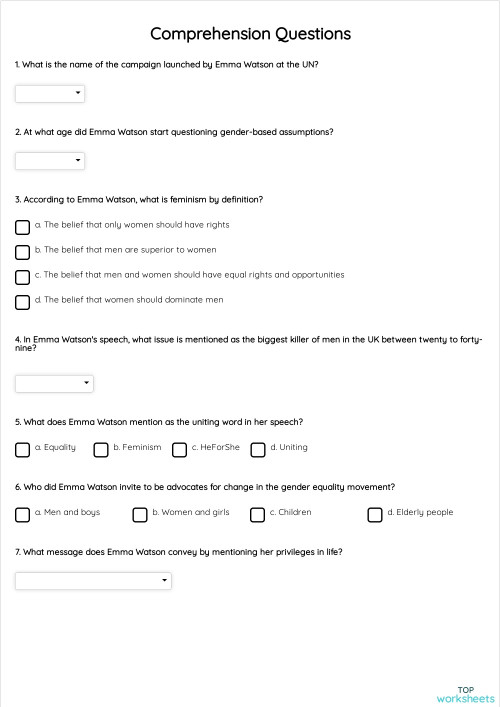 Comprehension Questions. Interactive worksheet | TopWorksheets