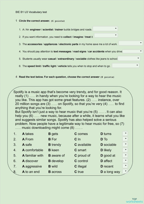 BIE B1 U3 Vocabulary test. Interactive worksheet | TopWorksheets