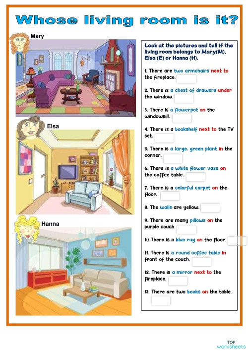 Furniture and ietms in the living room. Interactive worksheet ...