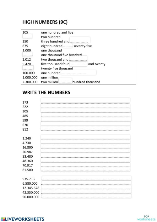 ADULTS A2 UNIT 10B HIGH NUMBERS. Interactive worksheet | TopWorksheets