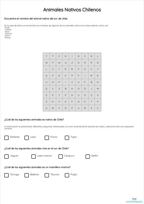 Animales Nativos Chilenos. Ficha interactiva | TopWorksheets