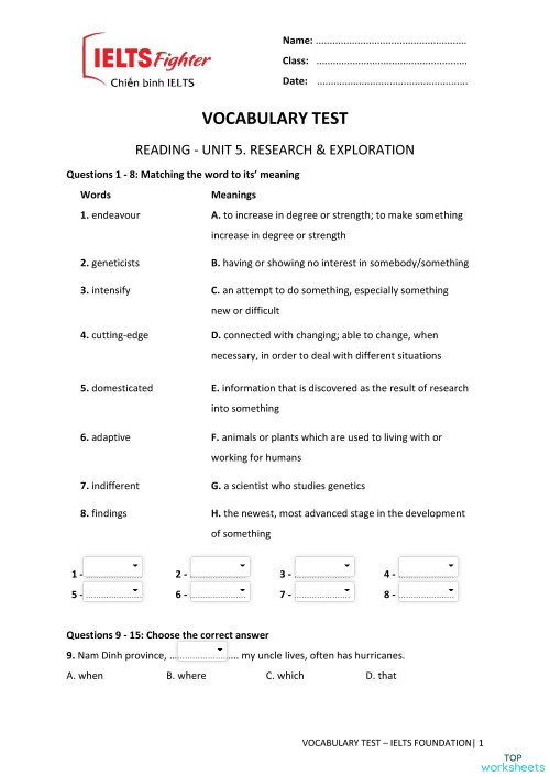 F_VOCAB TEST 20. Interactive worksheet | TopWorksheets