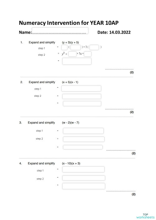 Algebraic Expansion (two brackets). Interactive worksheet | TopWorksheets