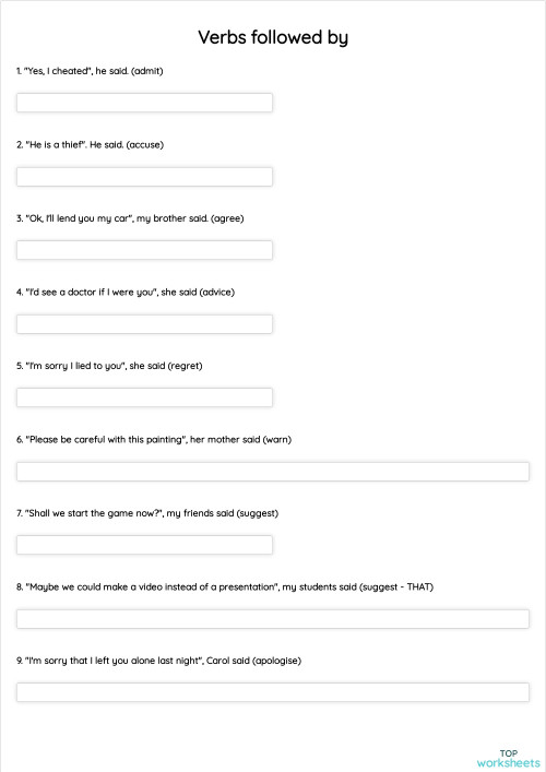 Verbs followed by. Ficha interactiva | TopWorksheets