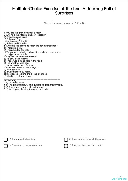 Multiple-Choice Exercise of the text: A Journey Full of Surprises. Interactive worksheet ...