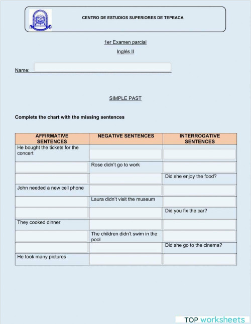 Primer parcial Simple past V2. Interactive worksheet | TopWorksheets
