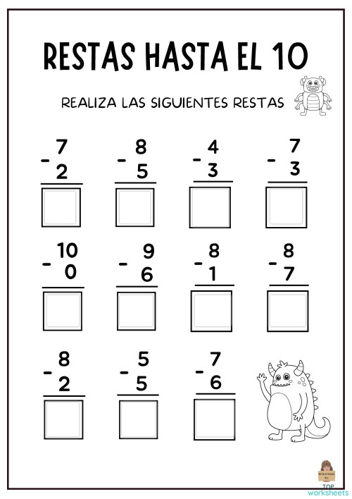 Restas de una cifra hasta el 10. Ficha interactiva | TopWorksheets