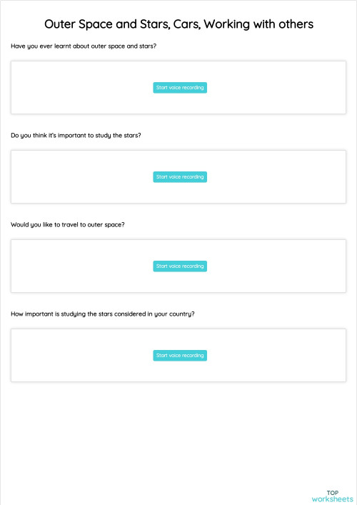 Outer Space and Stars, Cars, Working with others. Interactive worksheet ...