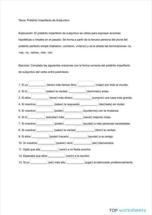 Pretérito imperfecto de subjuntivo. Ficha interactiva | TopWorksheets