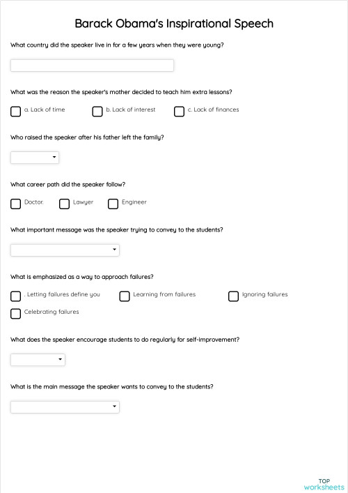 Barack Obama's Inspirational Speech. Interactive worksheet | TopWorksheets