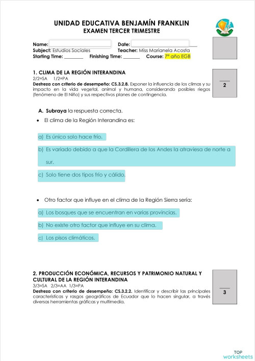 EXAMEN EESS 7° TERCER TRIMESTRE. Ficha interactiva | TopWorksheets