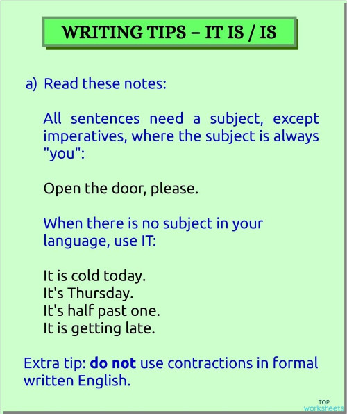 Writing tip 1: it - it is. Interactive worksheet | TopWorksheets