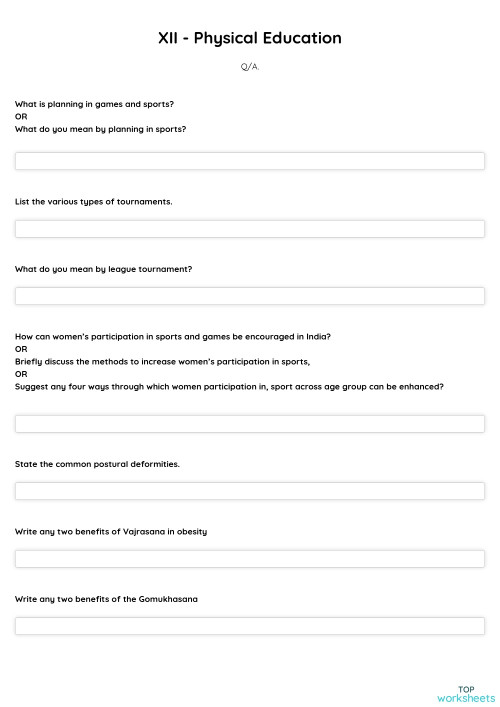 XII - Physical Education. Interactive worksheet | TopWorksheets