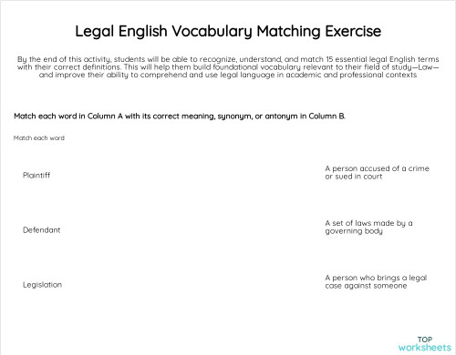 Legal English Vocabulary Matching Exercise. Interactive worksheet ...