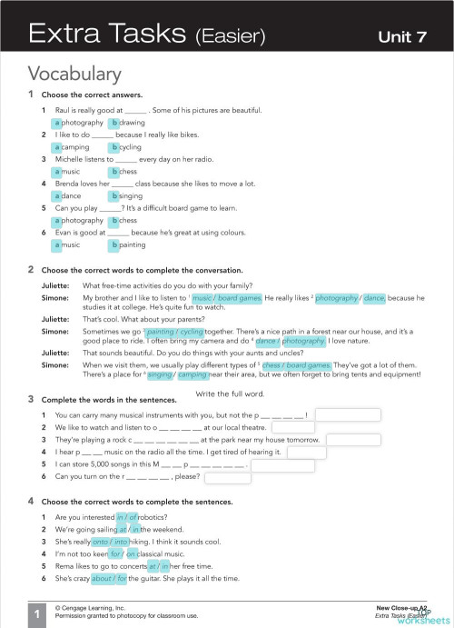 Close-Up A2 Extra Tasks Easier U7. Interactive worksheet | TopWorksheets