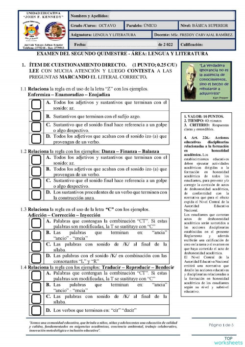 Examen 2 Q - Grado 8. Ficha interactiva | TopWorksheets