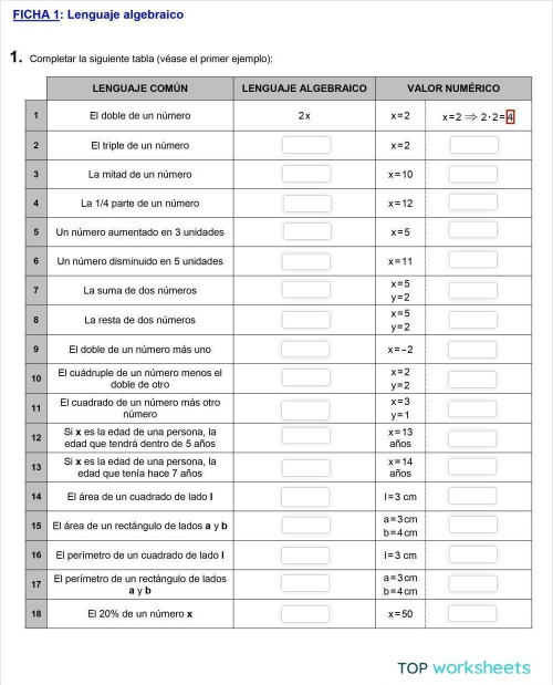 Lenguaje algebraico. Ficha interactiva | TopWorksheets