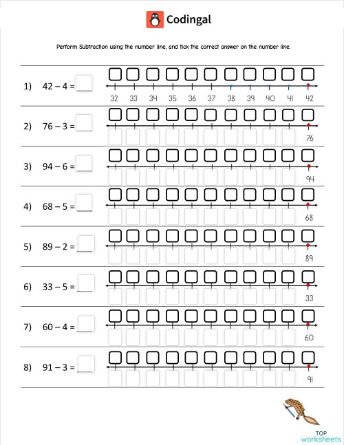 M_G02M06L27_WE01_Subtraction using Number Line upto 100. Interactive worksheet | TopWorksheets
