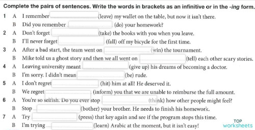 Ing or to (verbs with changes in meaning). Interactive worksheet | TopWorksheets