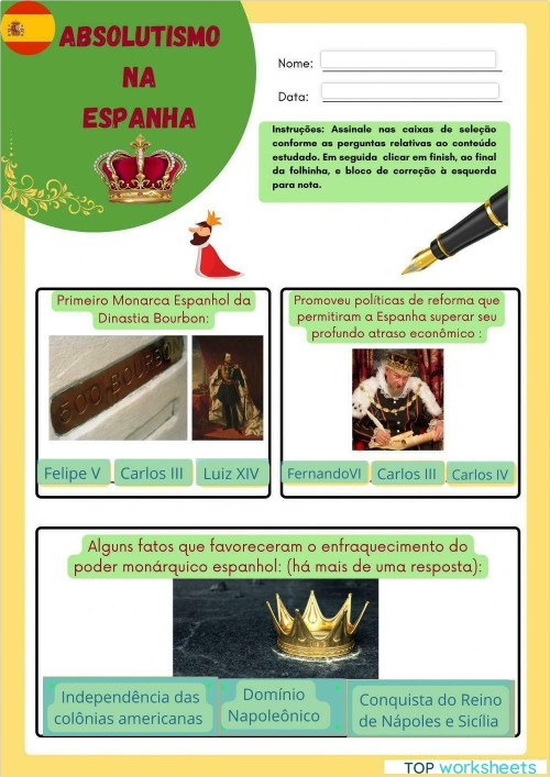 Absolutismo na Espanha - exercícios. Ficha interativa | TopWorksheets