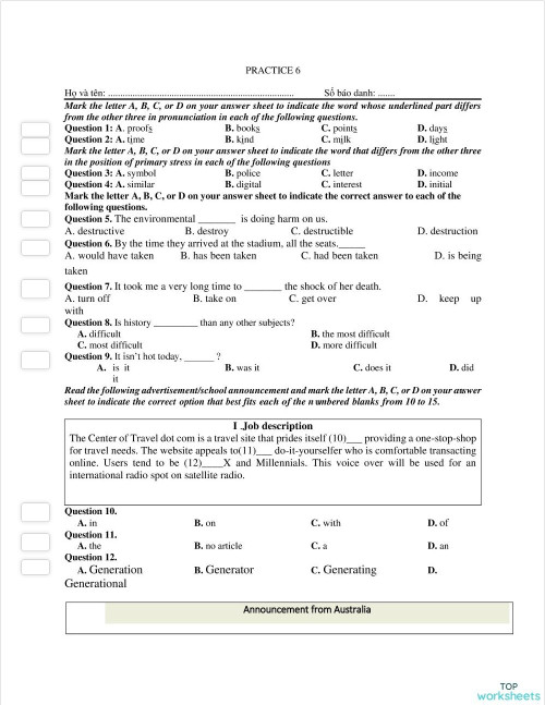 PRACTICE TEST 6 -20. Interactive worksheet | TopWorksheets