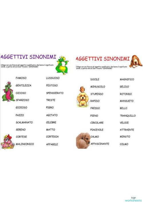 AGGETTIVI 16 COLLEGA I SINONIMI. Scheda interattiva | TopWorksheets