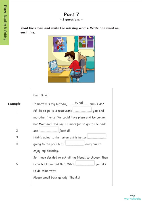 Flyers Reading and Writing Part 7. Interactive worksheet | TopWorksheets