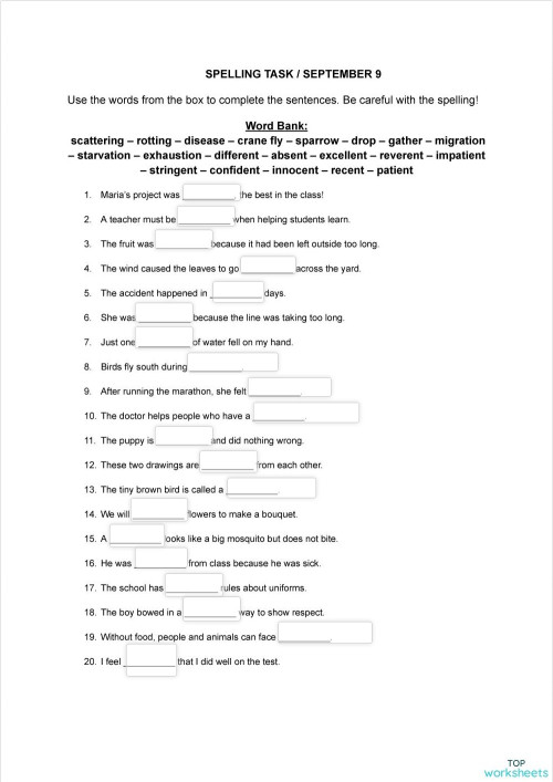 Spelling Task, Week 2, September 9. Interactive worksheet | TopWorksheets