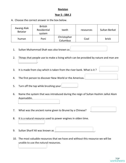 SS Year 5 SBA2 Revision. Interactive worksheet | TopWorksheets
