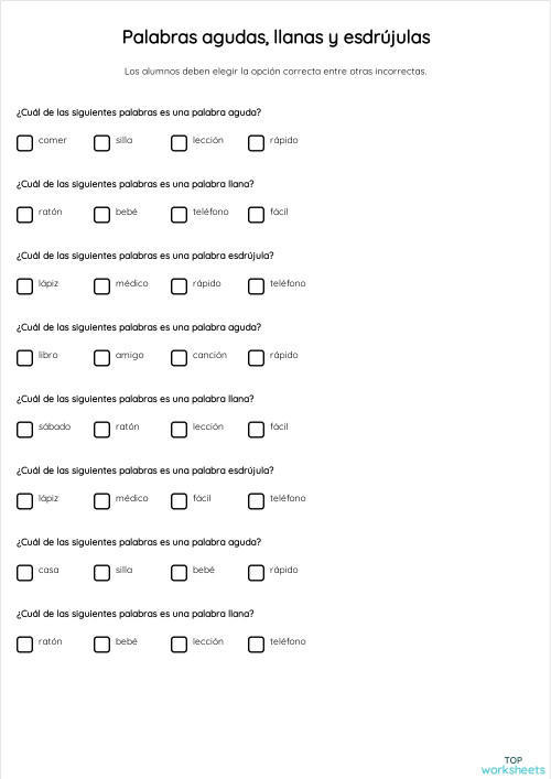 Palabras agudas, llanas y esdrújulas. Ficha interactiva | TopWorksheets
