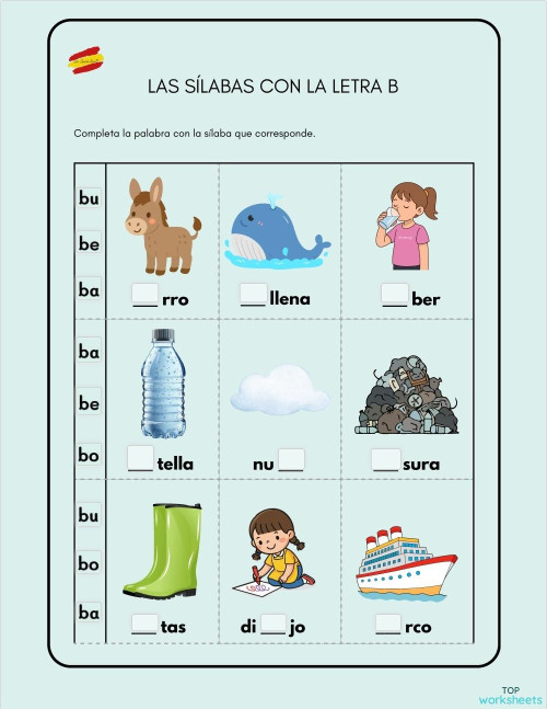 Las sílabas con la letra B. Ficha interactiva | TopWorksheets