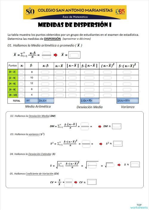 Medidas de Dispersión I. Ficha interactiva | TopWorksheets