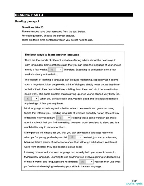 PET reading - Part 4.1. Interactive worksheet | TopWorksheets