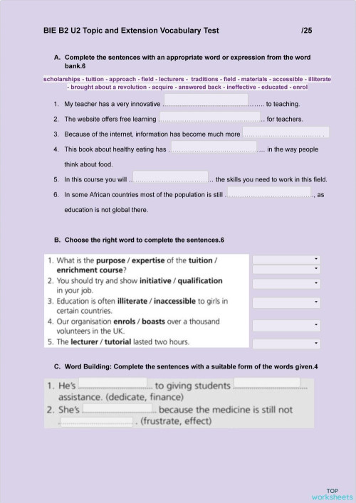 BIE B2 U2 Topic and Extension Vocabulary Test. Interactive worksheet ...