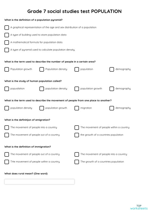 Grade 7 social studies test POPULATION. Interactive worksheet ...