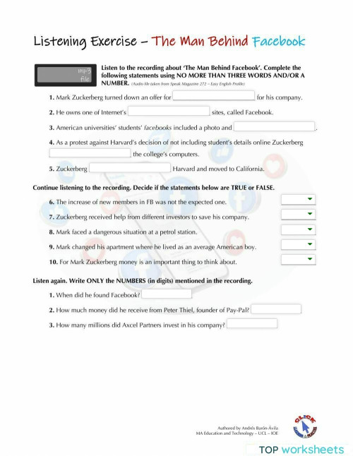 Listening Ex. - The Man Behind Facebook. Interactive worksheet ...