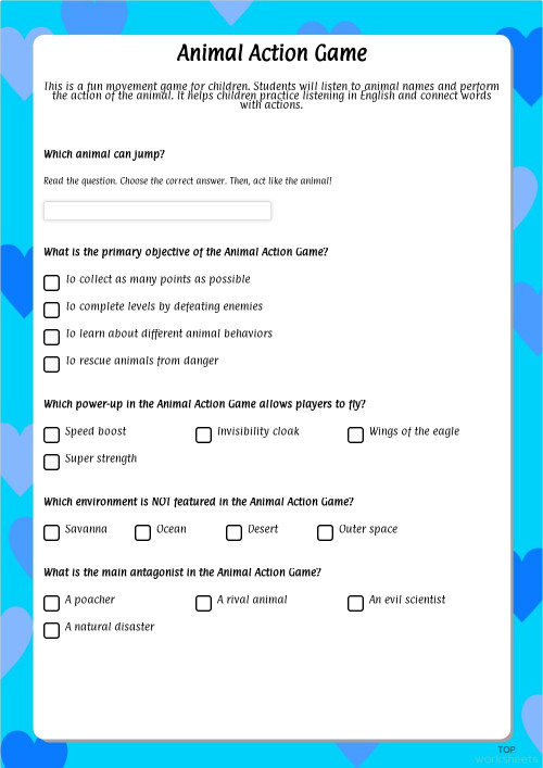 Animal Action Game. Interactive worksheet | TopWorksheets