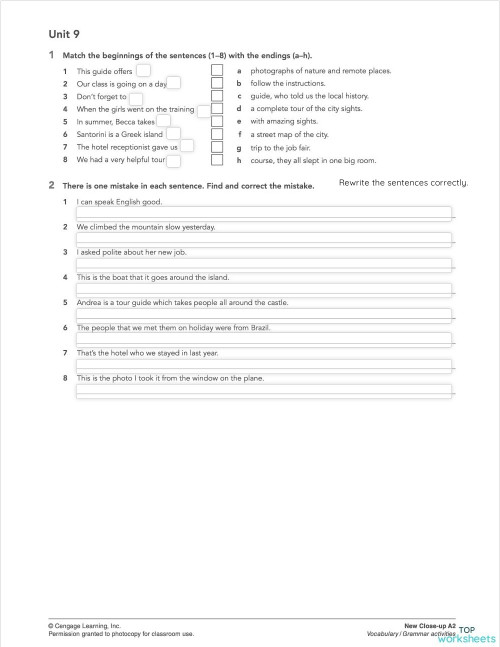 Close-Up A2 Extra Tasks Vocab & Grammar U9. Interactive worksheet ...